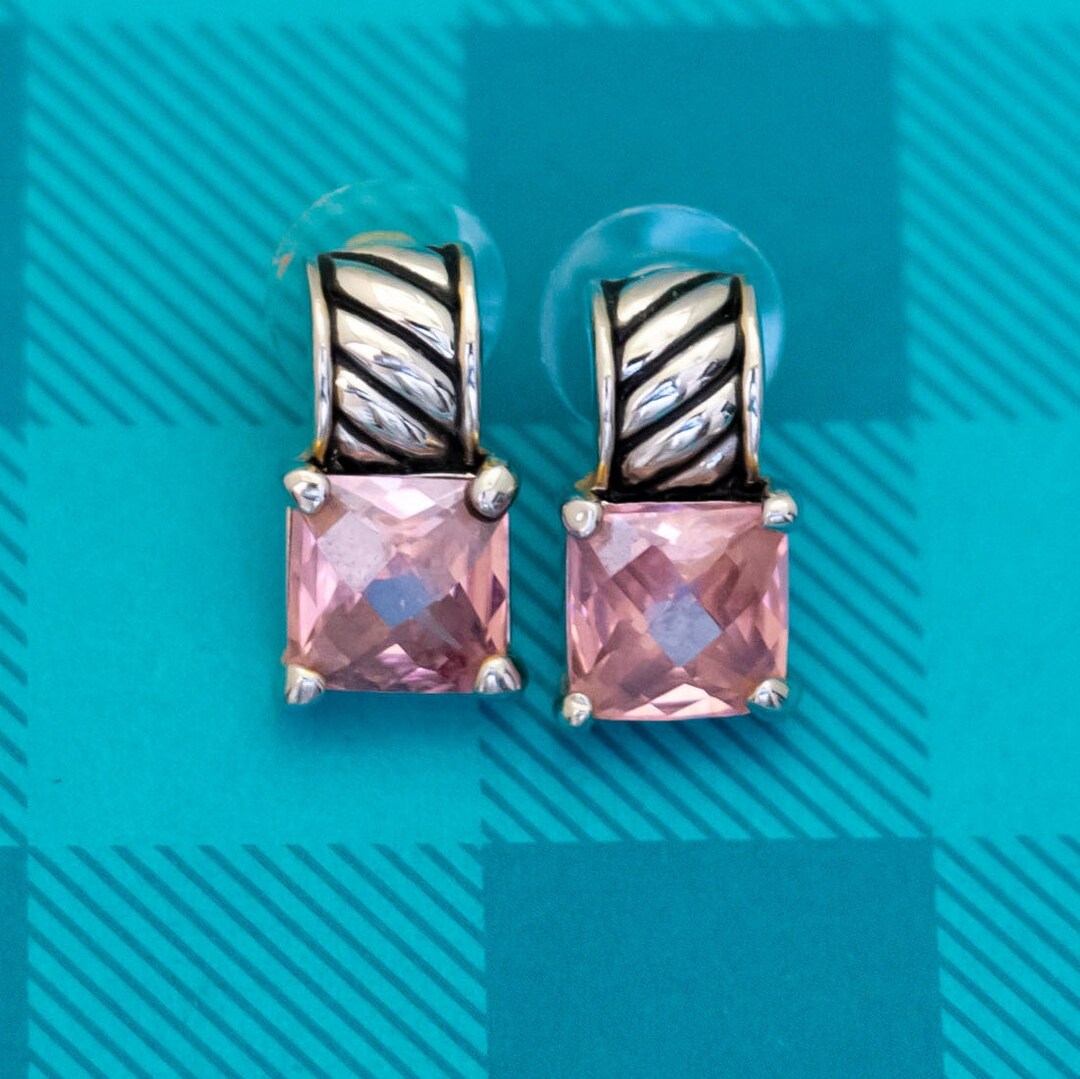 Vintage Art Deco Pink Faux Gem Silver Tone Stylized Stud Earrings Z29 ...
