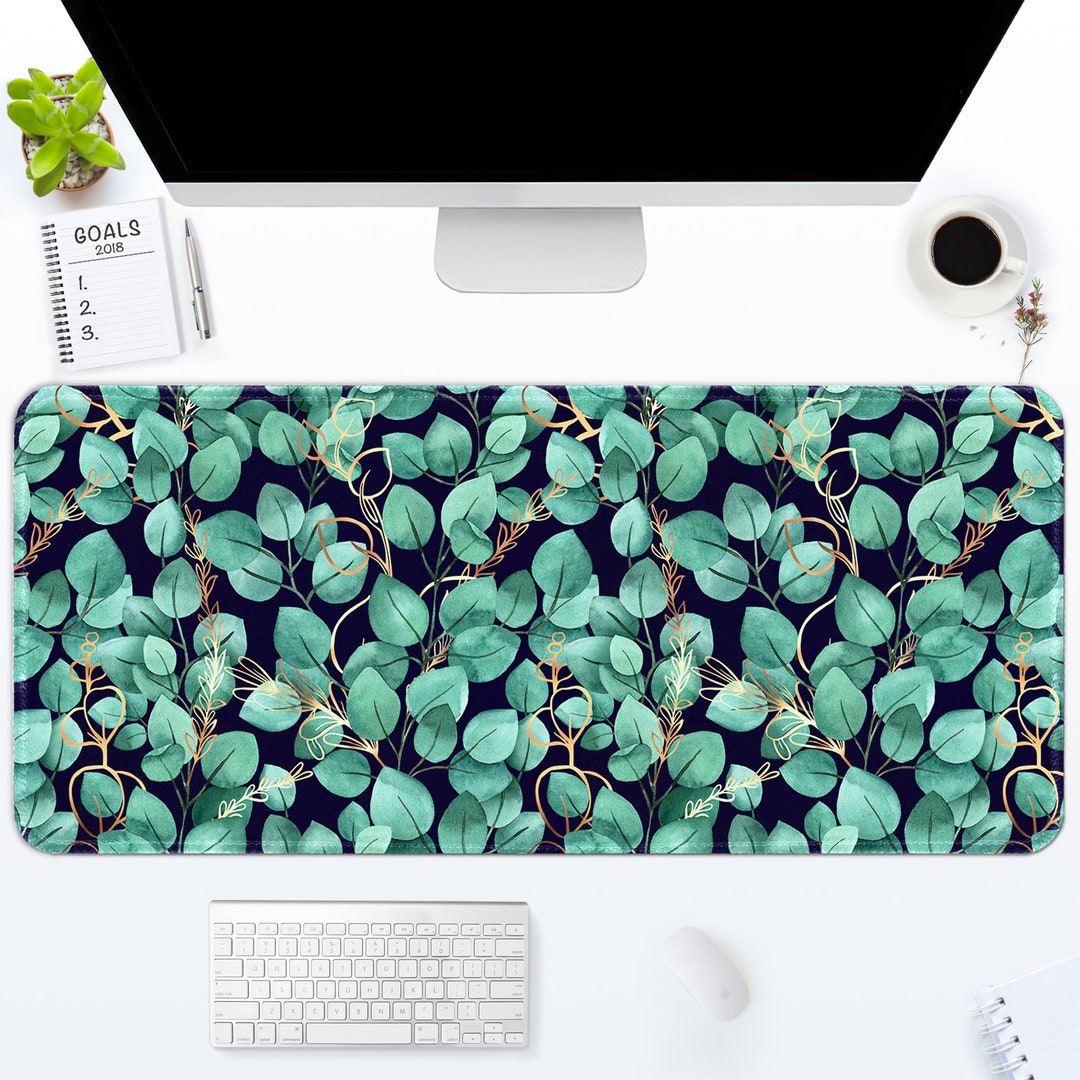 Green Leaves Desk Mat, Large Gaming Mouse Pad XXL Golden Eucalyptus ...