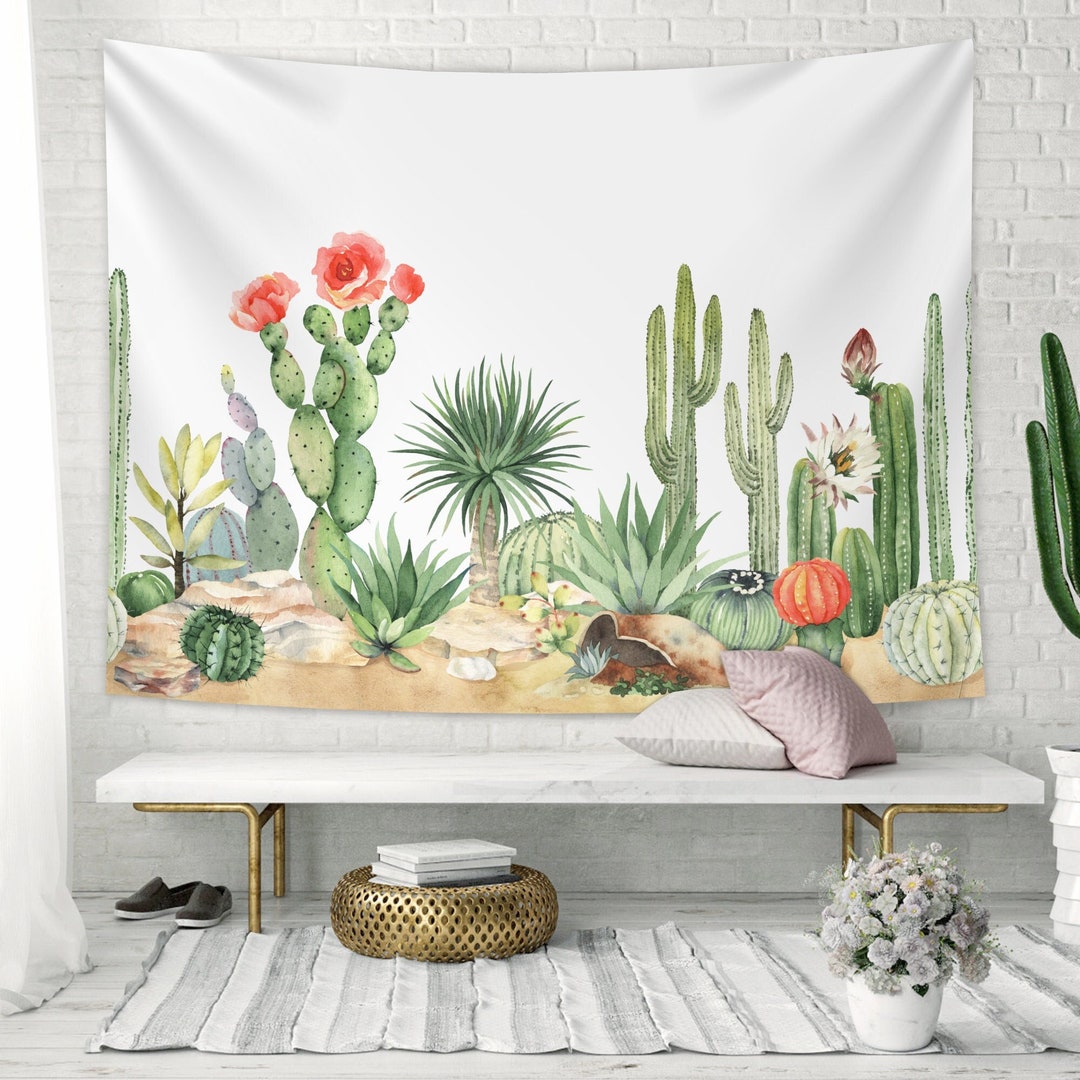 Blooming Cacti Tapestry, Desert Landscape With Succulents/stones ...