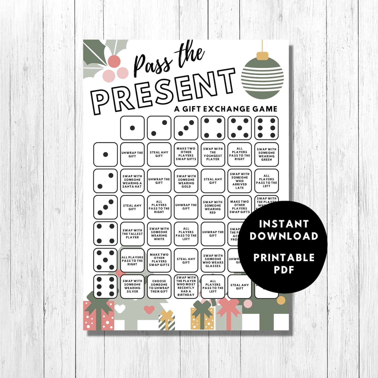 Christmas Gift Exchange Printable Dice Game Card / White Elephant ...