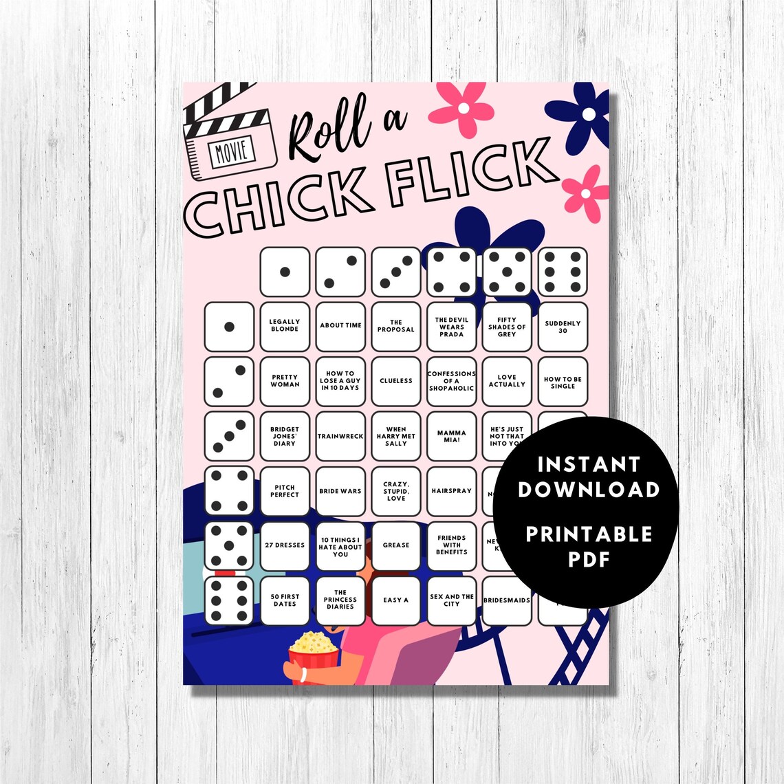 Ladies Movie Night Dice Game / Roll a Chick Flick / Bucket List of Rom ...