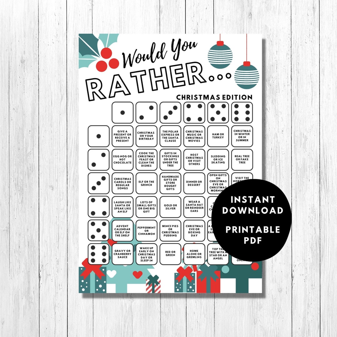 Christmas Would You Rather Dice Game Card Printable/ Kids, Family ...