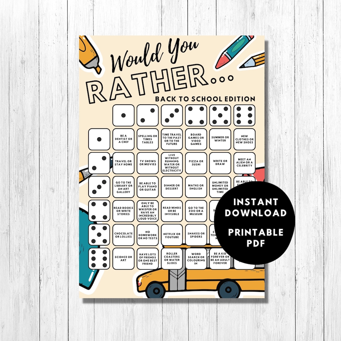 Back to School Would You Rather Dice Game for Kids / This or That Class ...