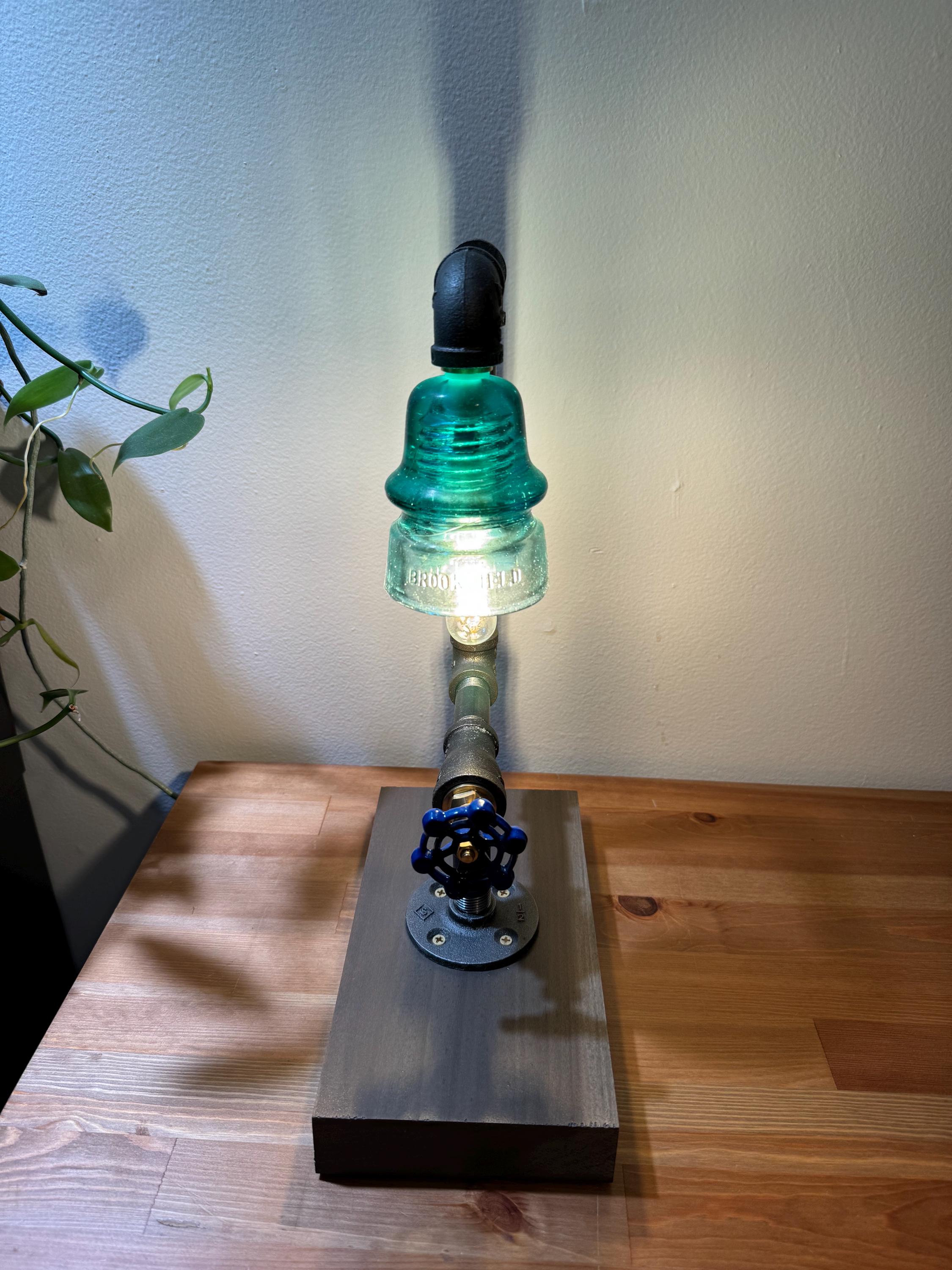 16 12-volt Industrial Iron Pipe Desk Lamp, Vintage Glass Insulator ...