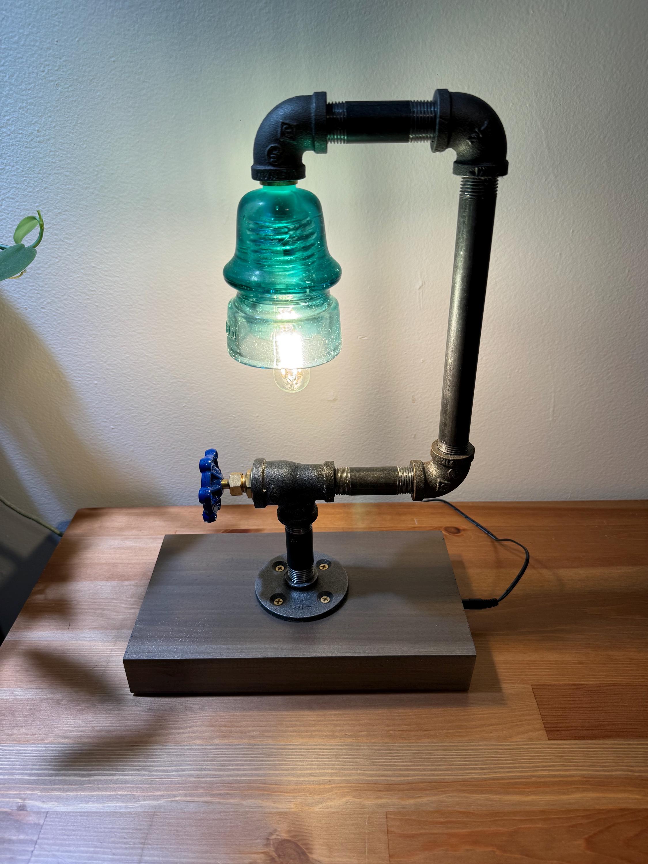 16 12-volt Industrial Iron Pipe Desk Lamp, Vintage Glass Insulator ...
