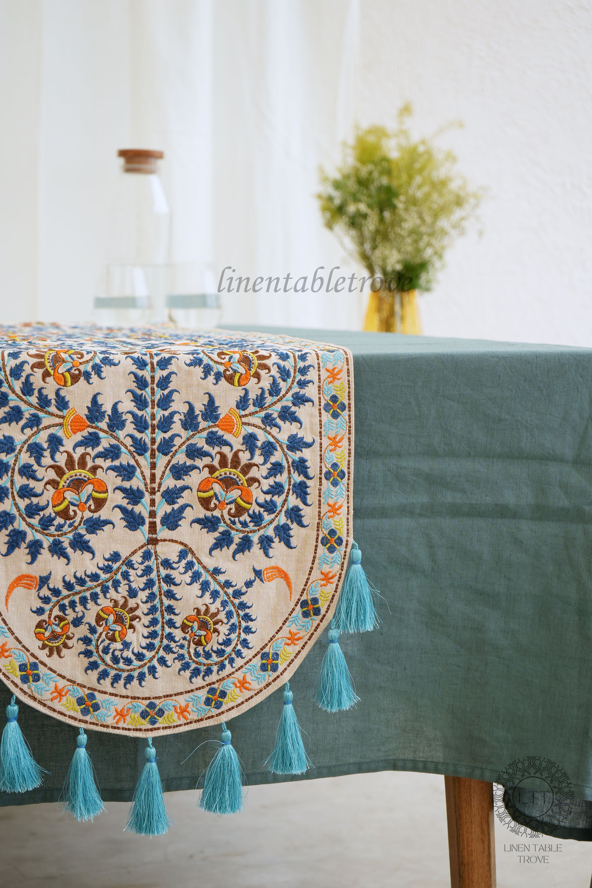Teal Floral Indian Table Runner Hand Embroidered Table Runner Blue ...