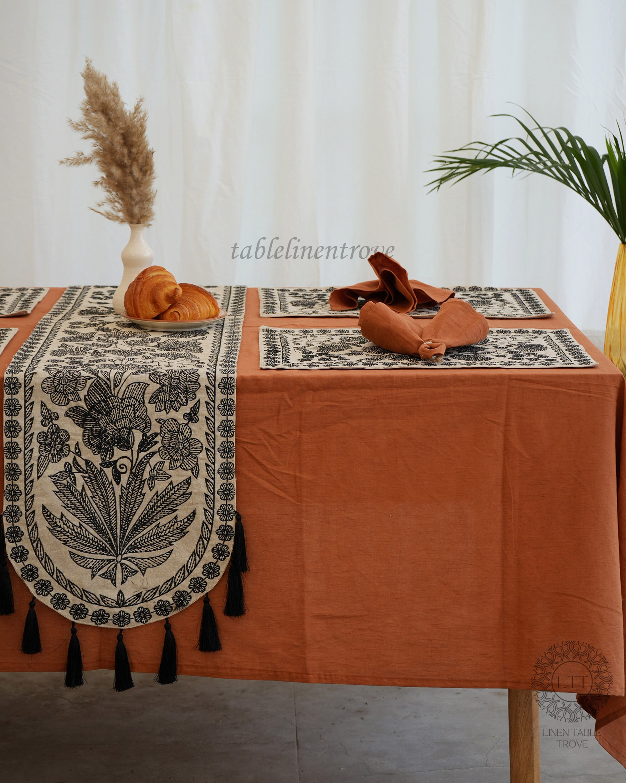 Boho Floral Indian Table Runner Black Hand Embroidered Table Linen ...