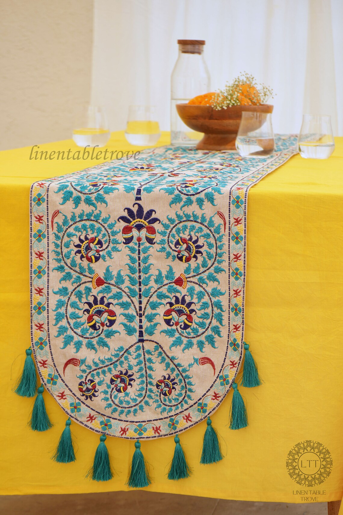 Green Embroider Indian Table Runner Tassels Boho Decor Green Cotton ...