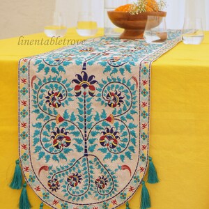 Green Embroider Indian Table Runner Tassels Boho Decor Green Cotton ...