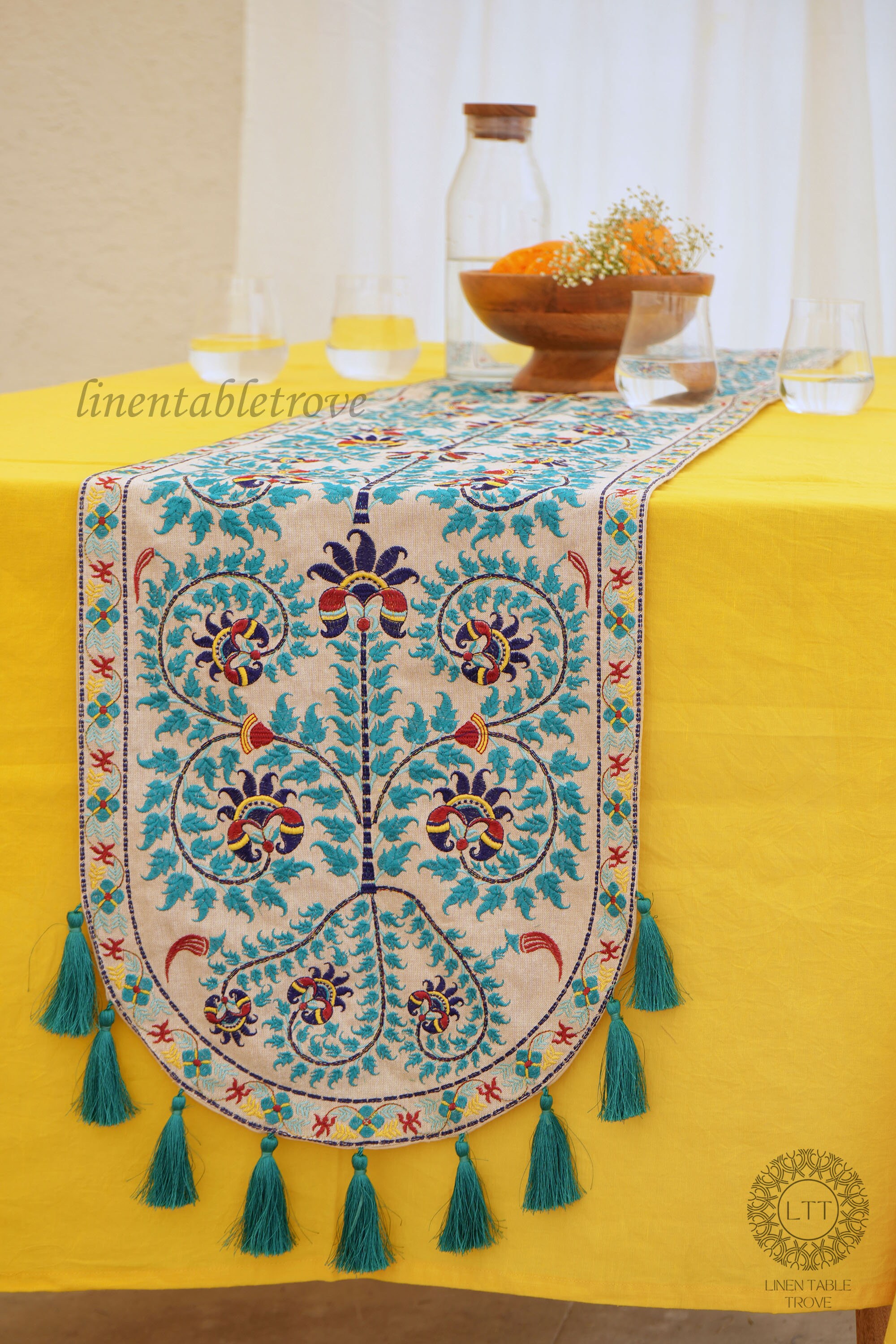 Green Embroider Indian Table Runner Tassels Boho Decor Green Cotton ...
