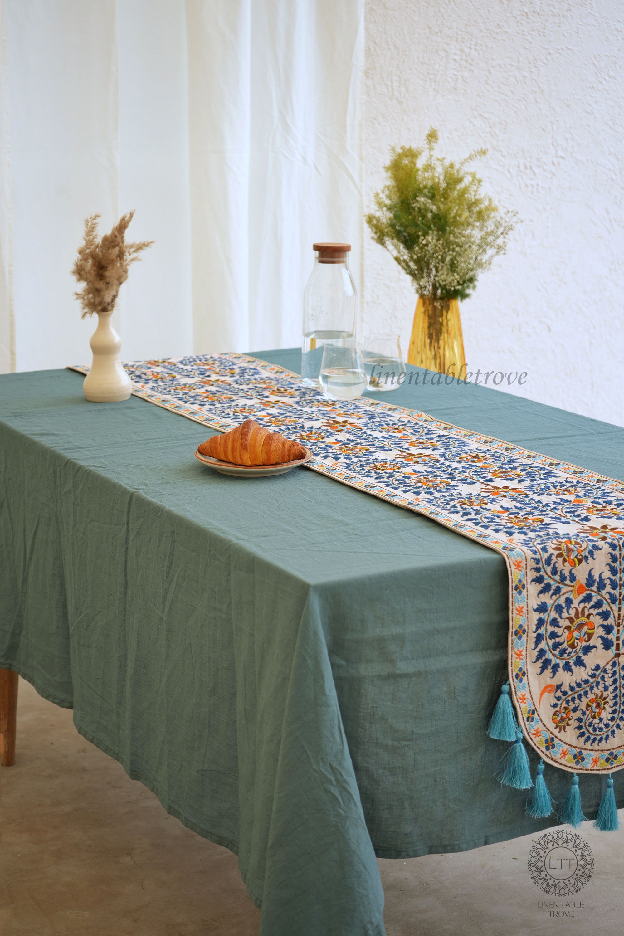Teal Floral Indian Table Runner Hand Embroidered Table Runner Blue ...