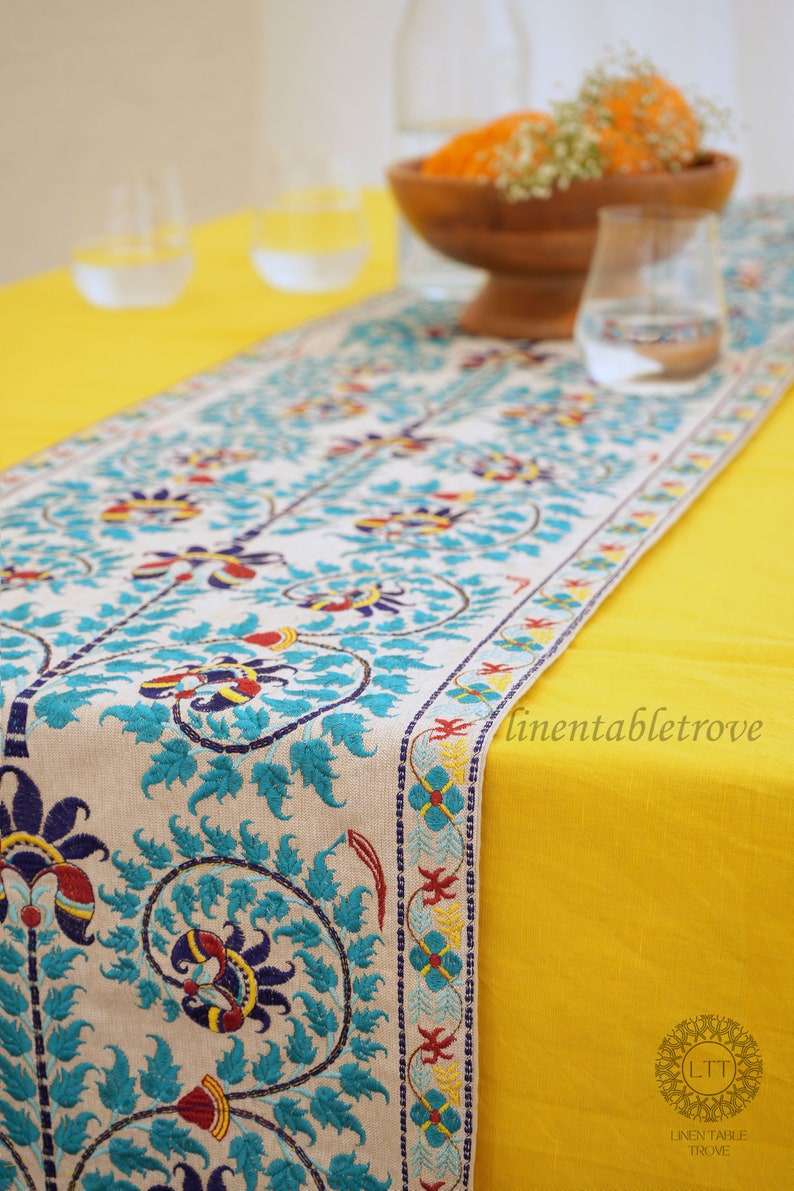 Green Embroider Indian Table Runner Tassels Boho Decor Green Cotton ...