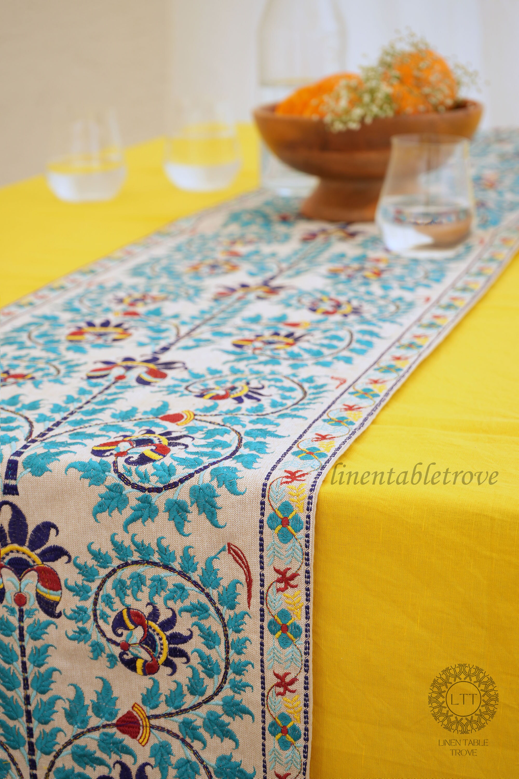 Green Embroider Indian Table Runner Tassels Boho Decor Green Cotton ...