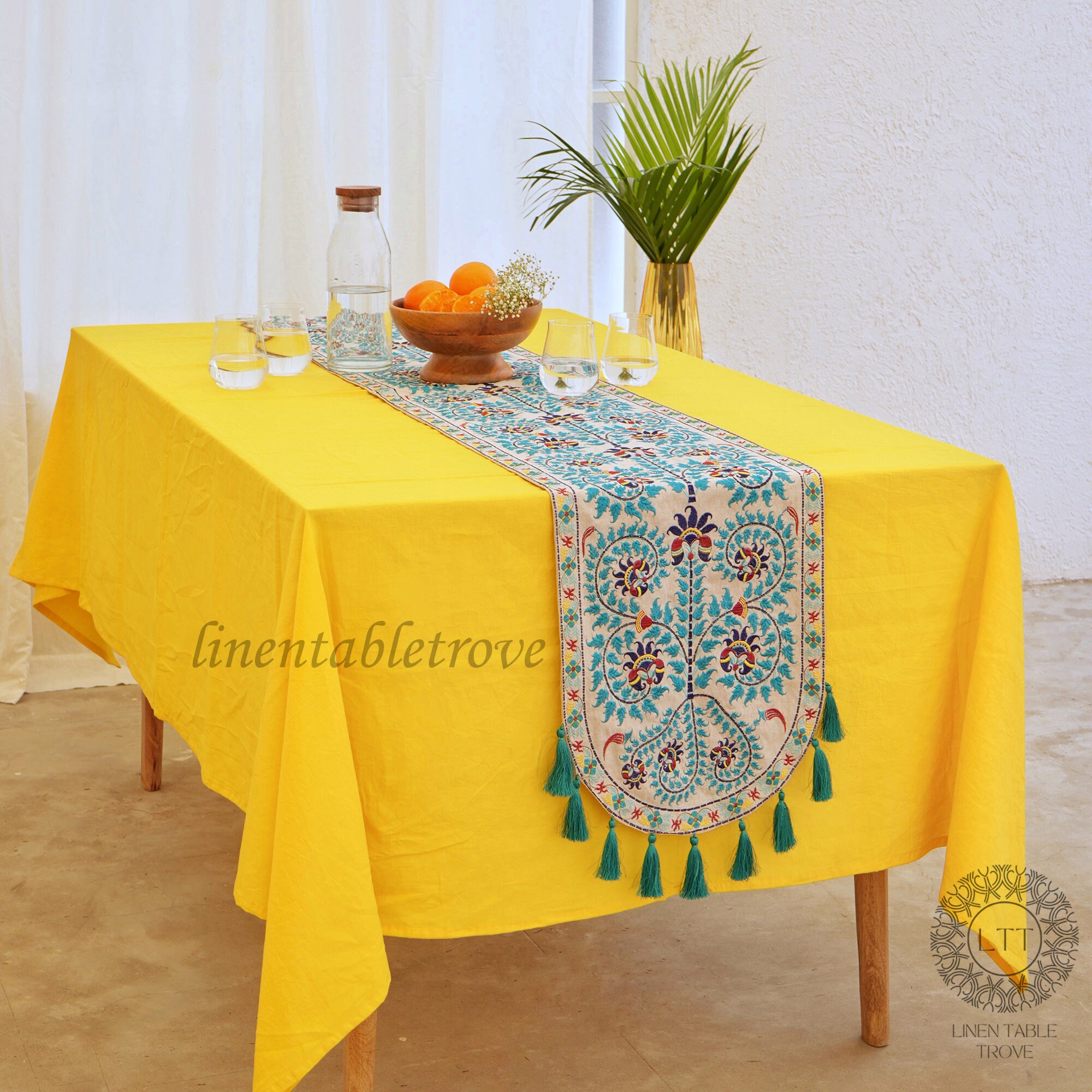 Green Embroider Indian Table Runner Tassels Boho Decor Green Cotton ...