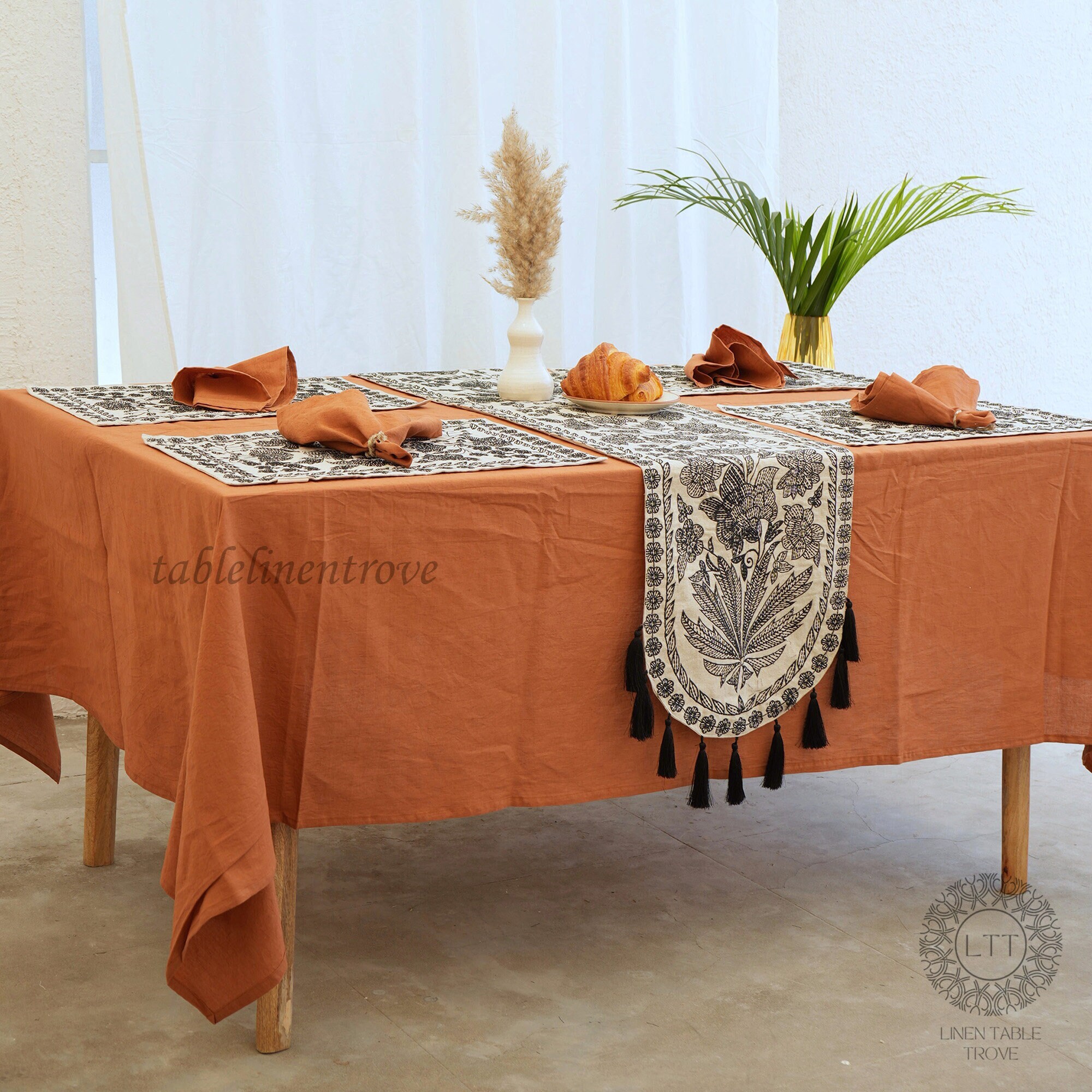 Boho Floral Indian Table Runner Black Hand Embroidered Table Linen ...