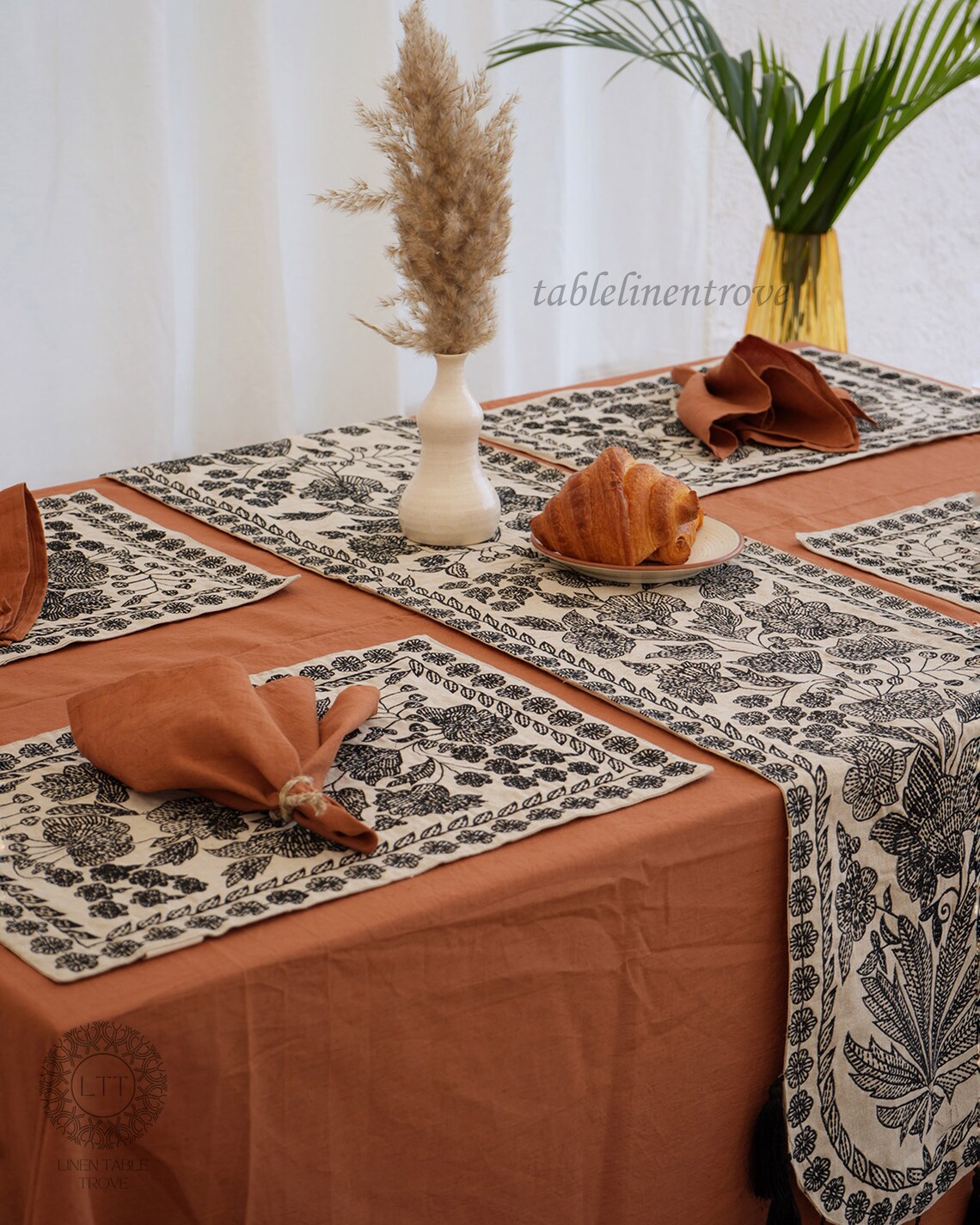 Boho Floral Indian Table Runner Black Hand Embroidered Table Linen ...