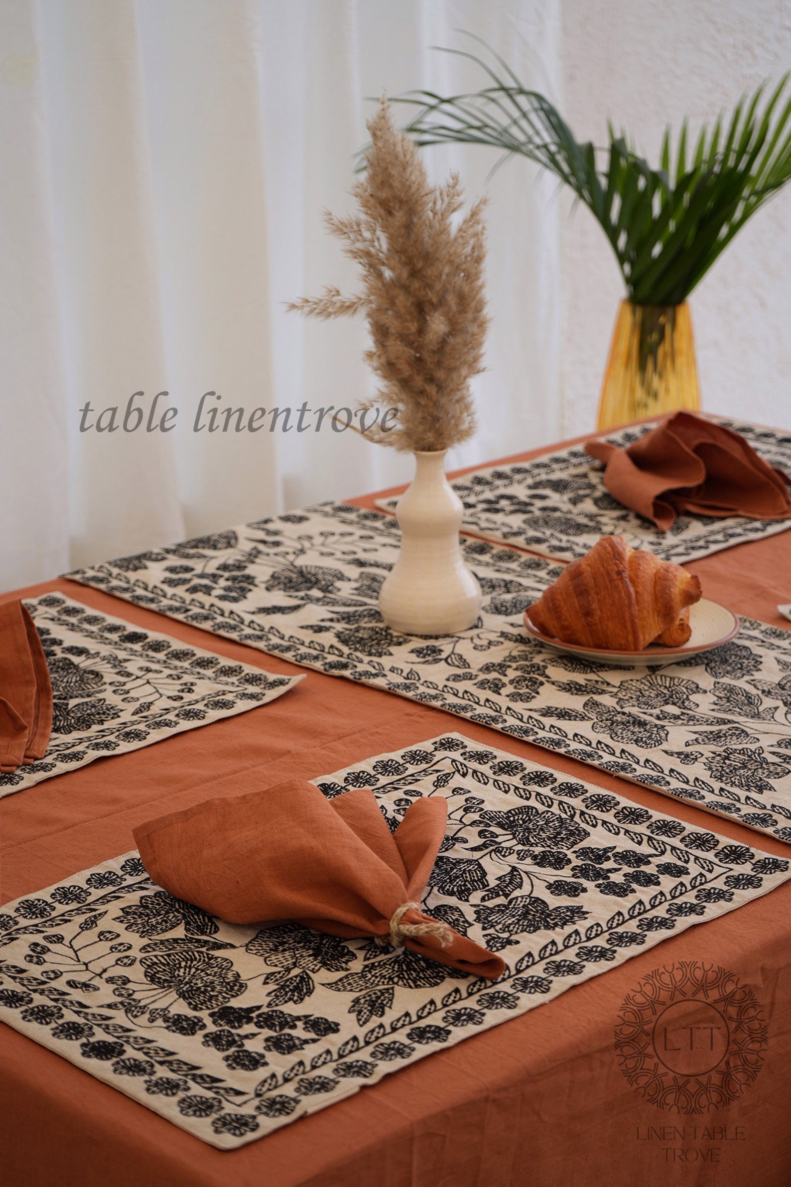 Boho Floral Indian Table Runner Black Hand Embroidered Table Linen ...