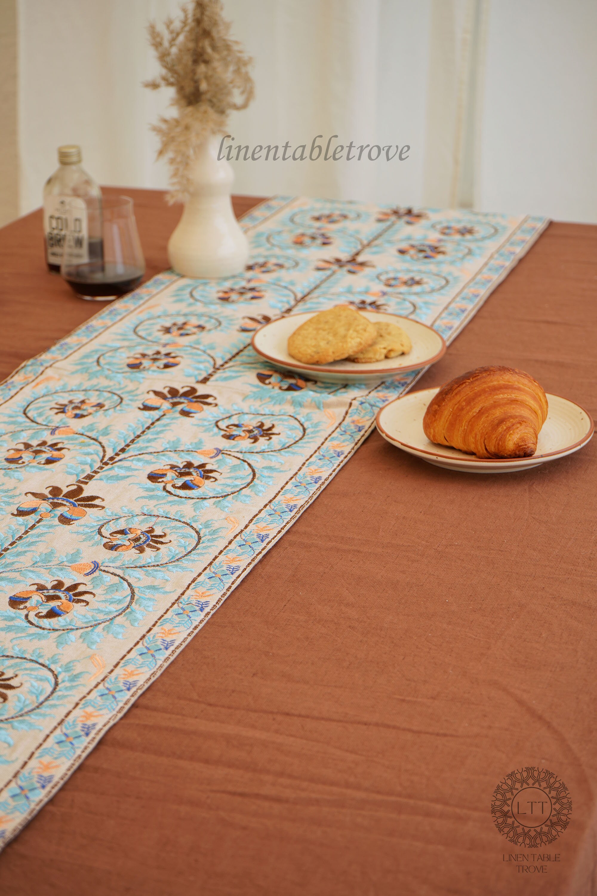 Blue Embroider Indian Table Runner Tassels Boho Decor Cotton Linen Long ...