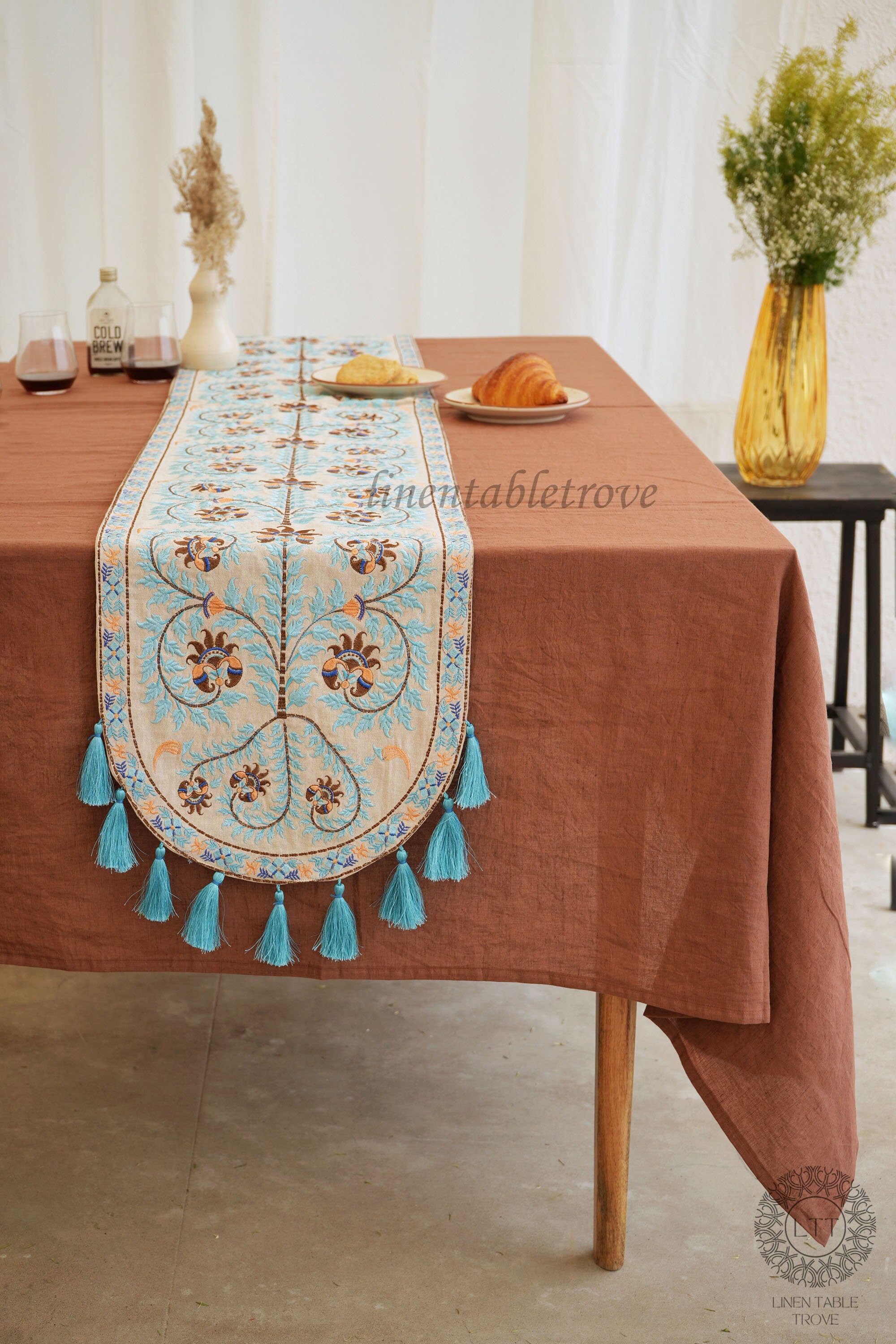 Blue Embroider Indian Table Runner Tassels Boho Decor Cotton Linen Long ...