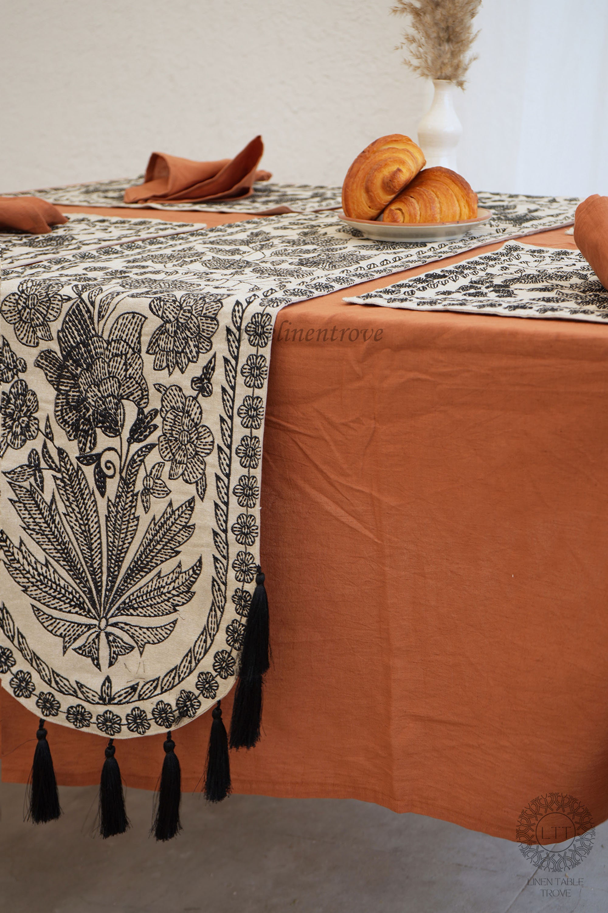 Boho Floral Indian Table Runner Black Hand Embroidered Table Linen ...