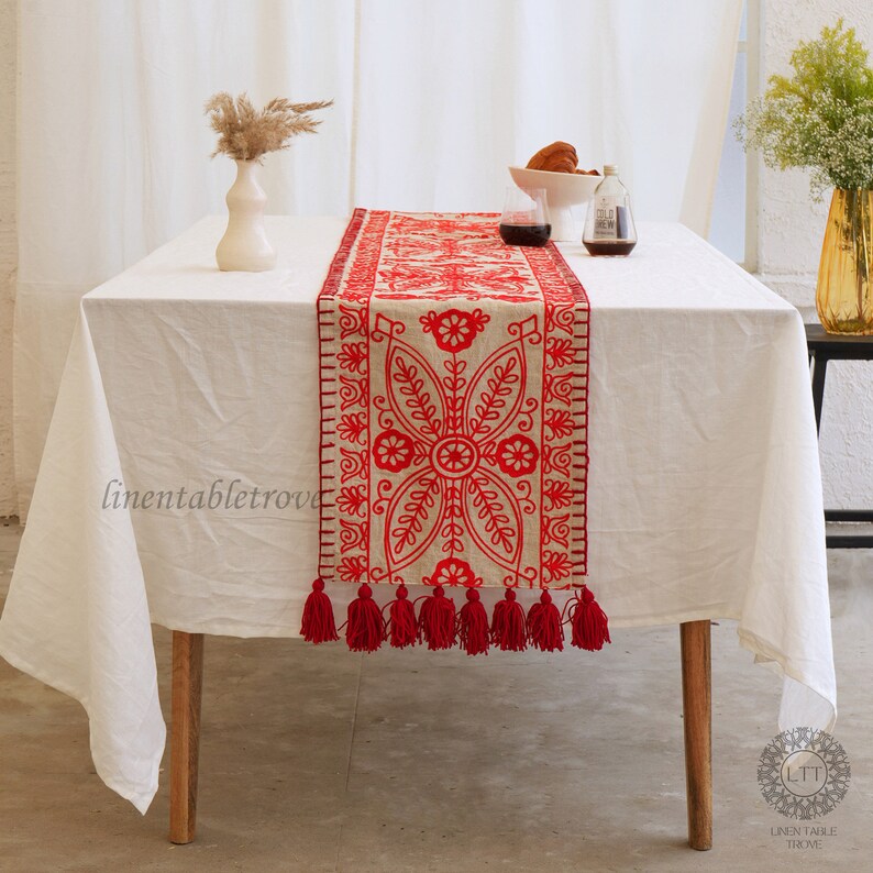 Red Indian Table Runner Natural Linen Tablecloth Tassels Handmade Table ...