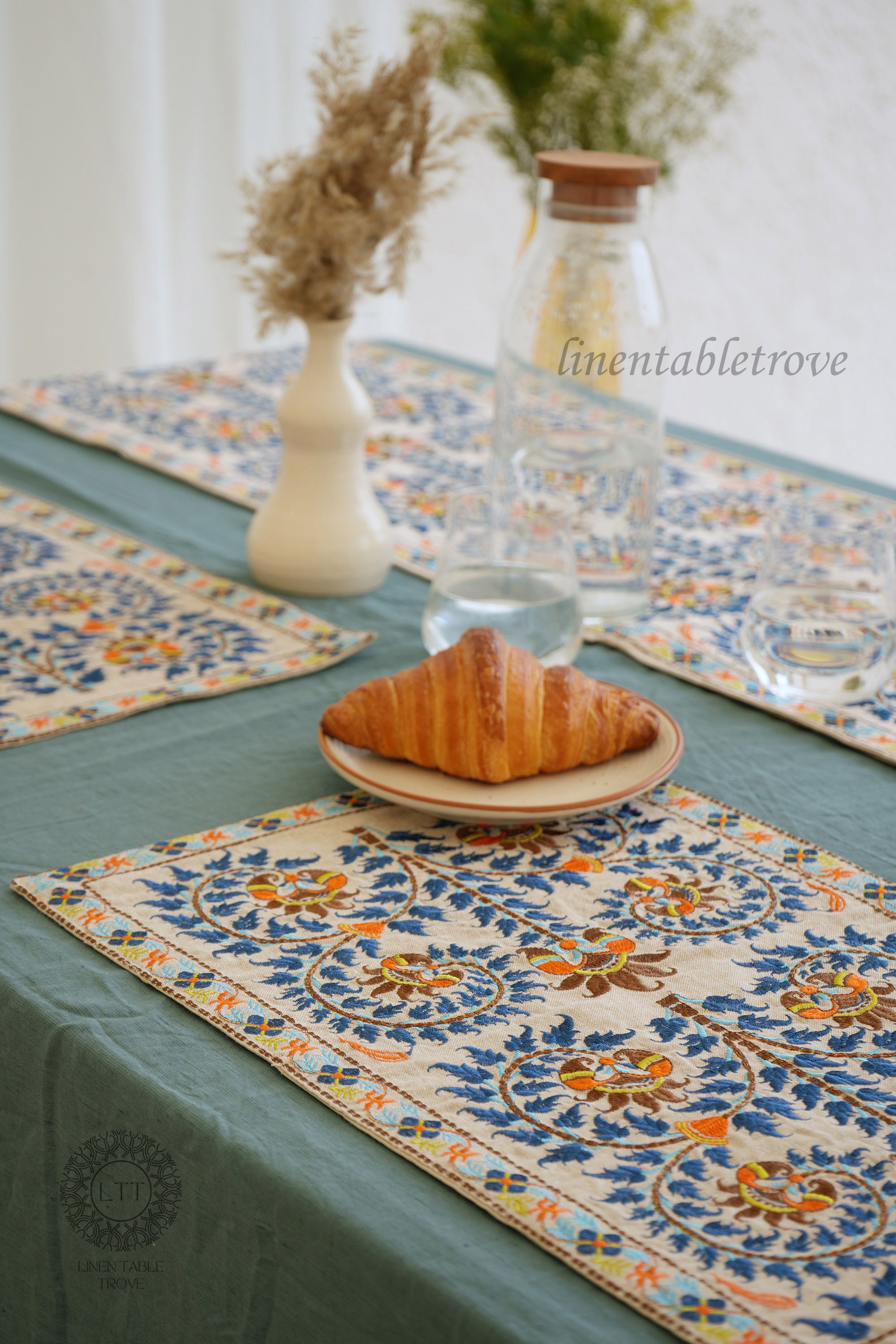Teal Floral Indian Table Runner Hand Embroidered Table Runner Blue ...