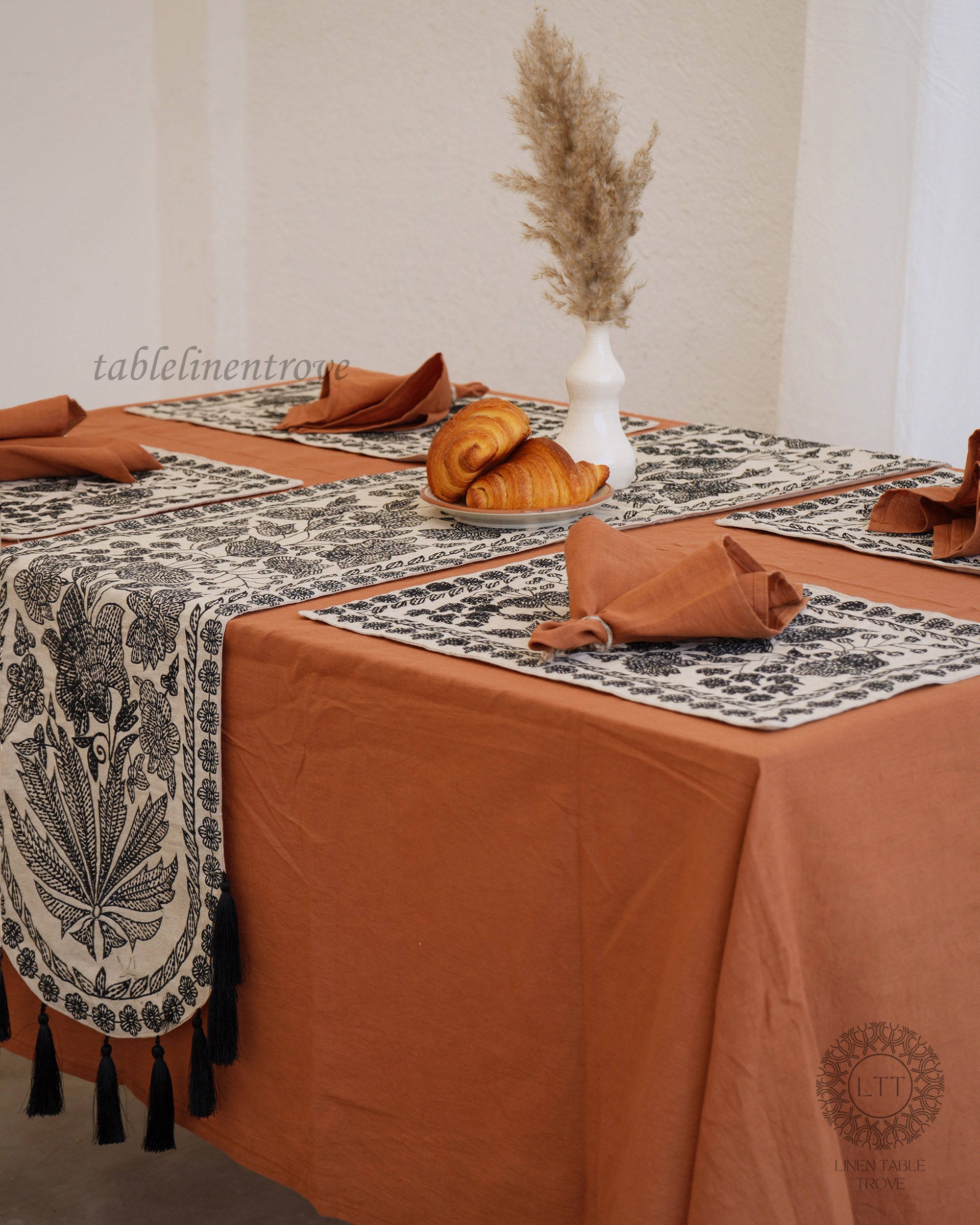 Boho Floral Indian Table Runner Black Hand Embroidered Table Linen ...