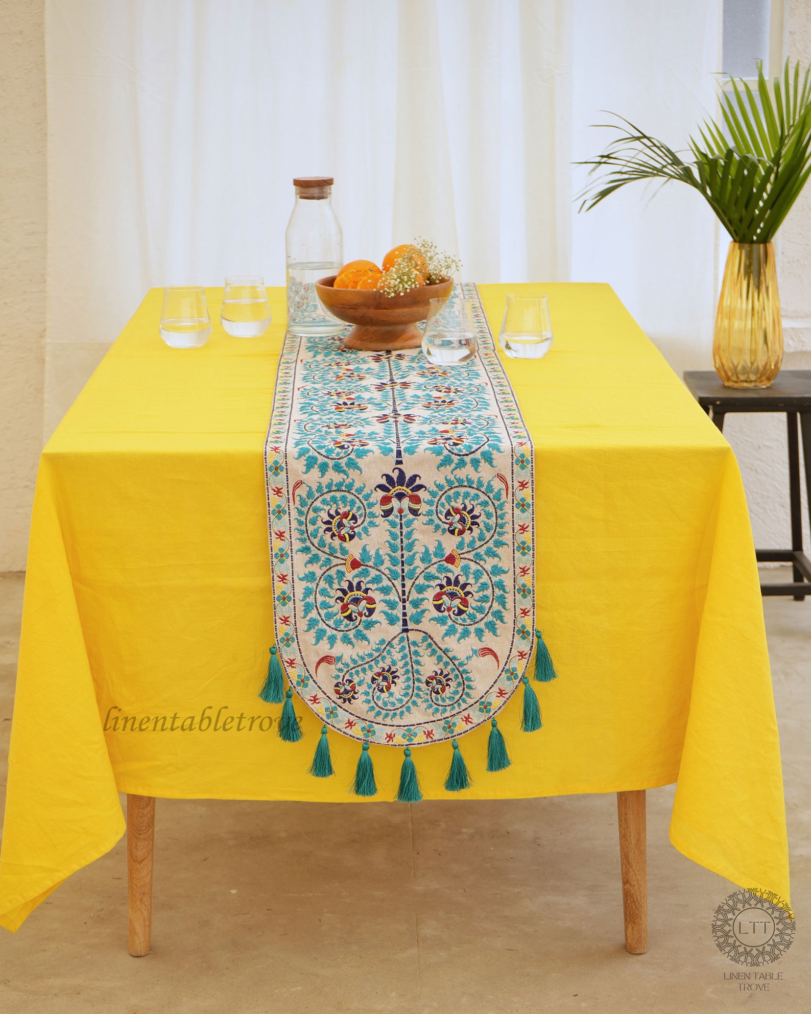 Green Embroider Indian Table Runner Tassels Boho Decor Green Cotton ...
