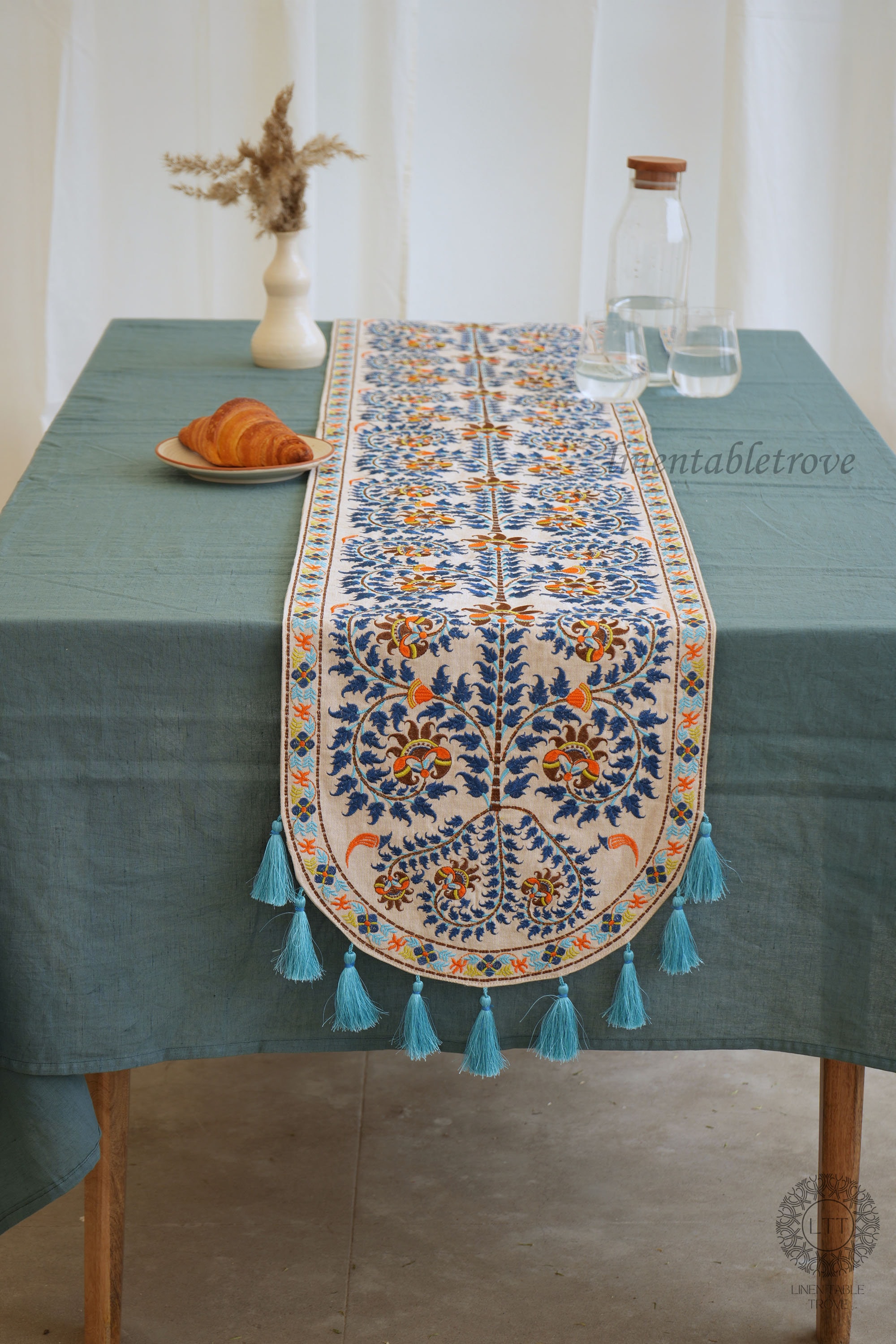 Teal Floral Indian Table Runner Hand Embroidered Table Runner Blue ...