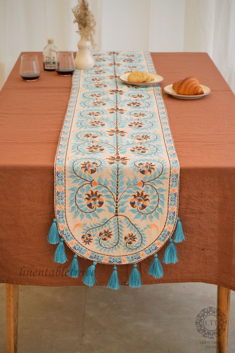 Blue Embroider Indian Table Runner Tassels Boho Decor Cotton Linen Long ...