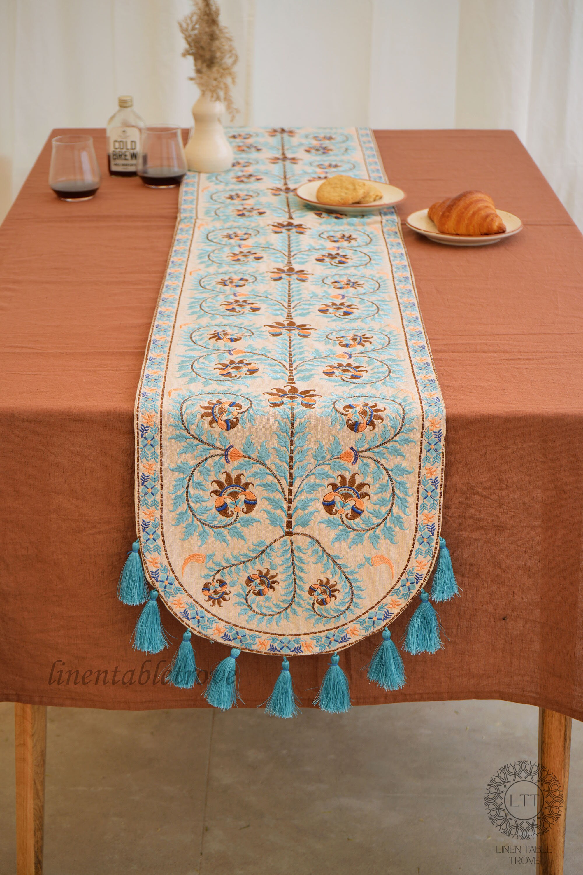 Blue Embroider Indian Table Runner Tassels Boho Decor Cotton Linen Long ...