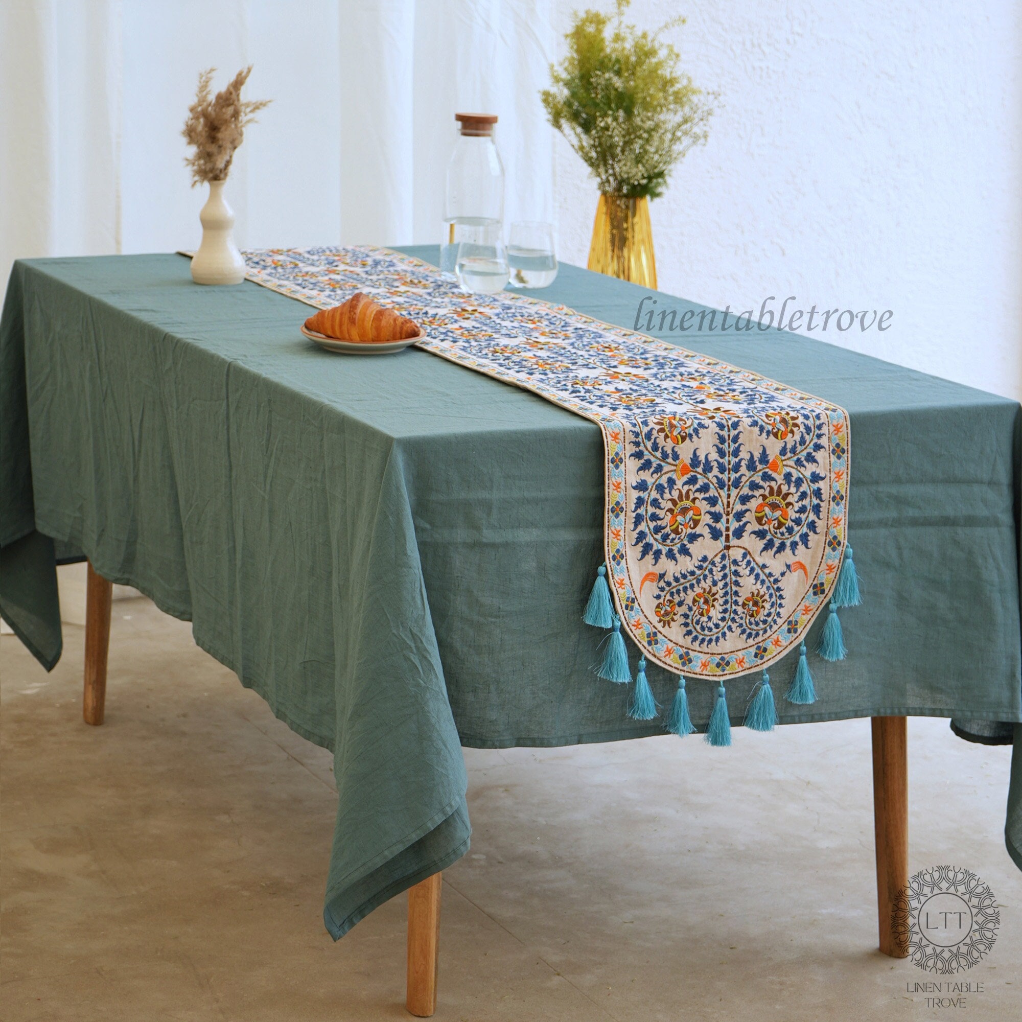 Teal Floral Table Runner Indian Hand Embroidered French Table Runner ...