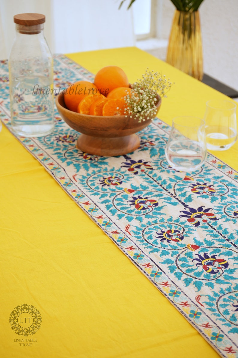 Green Embroider Indian Table Runner Tassels Boho Decor Green Cotton ...