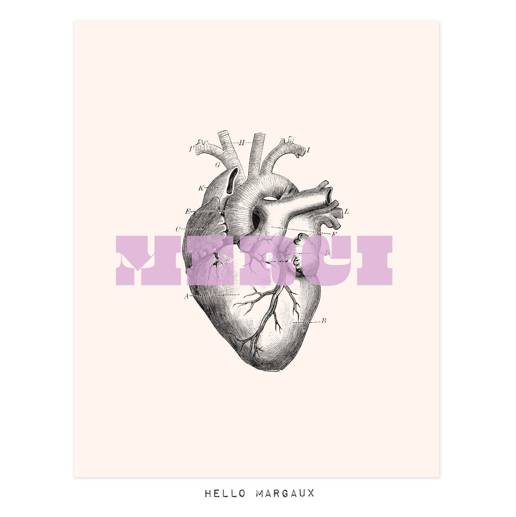Merci Wall Art Print | French Thank You Quote With Human Heart Anatomy ...