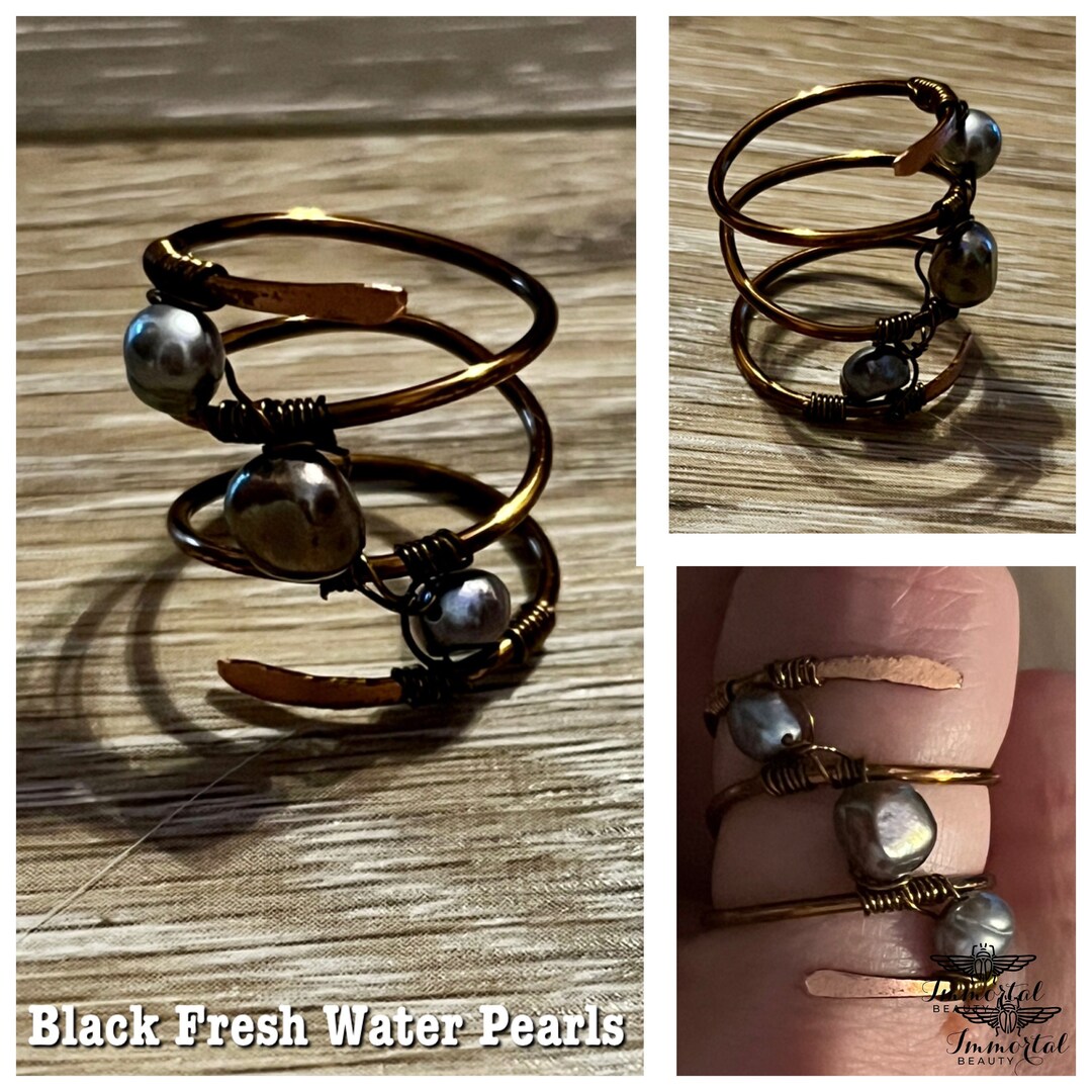 Black Freshwater Pearl Spiral Statement Ring- Vintage Bronze or Copper Wire - Etsy