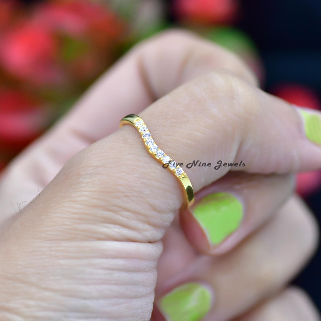 14K Gold Curve Diamond Wedding Ring, Pave Diamond Curved Band, Deep ...