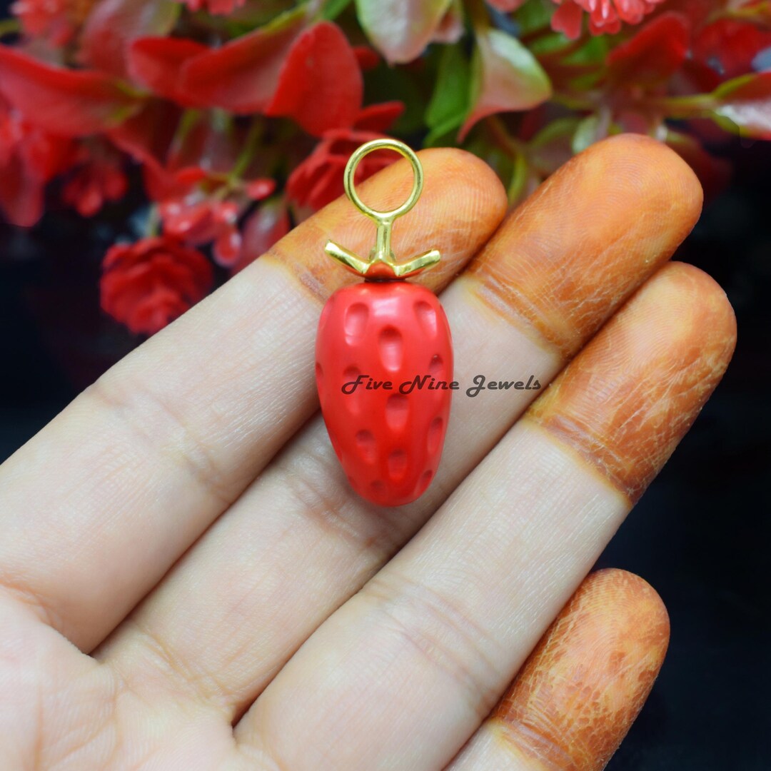 14K Gold Strawberry Pendant, Gemstone Gold Strawberry Pendant, Designer Carved Strawberry Charm ...