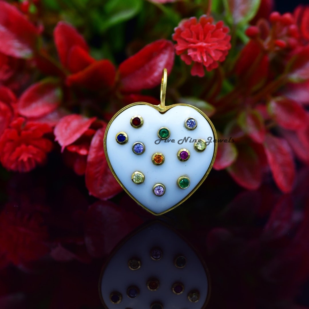 14K Gold Plated All Gemstone Hand Carving Heart Pendant, MOP Multi ...