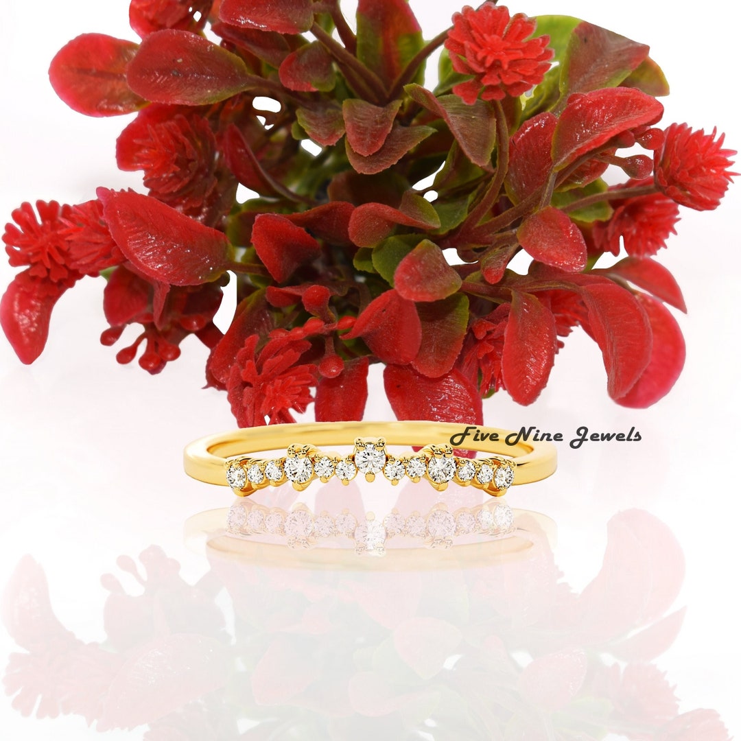 14K Gold Diamond Curved Band Ring, Curve Diamond Wedding Ring, Curve ...