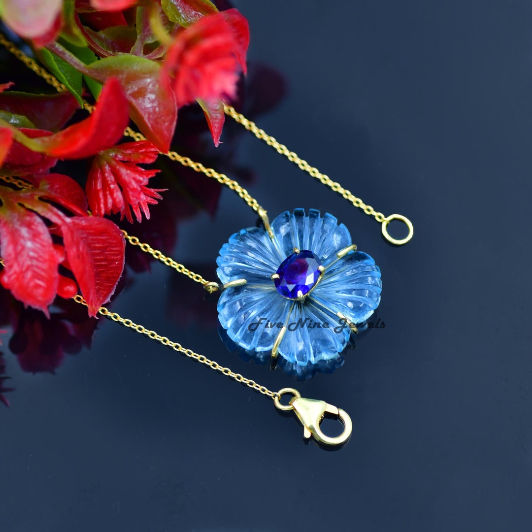 New Designer Flower Pendant Necklace for Women, Aqua Blue Quartz Flower ...