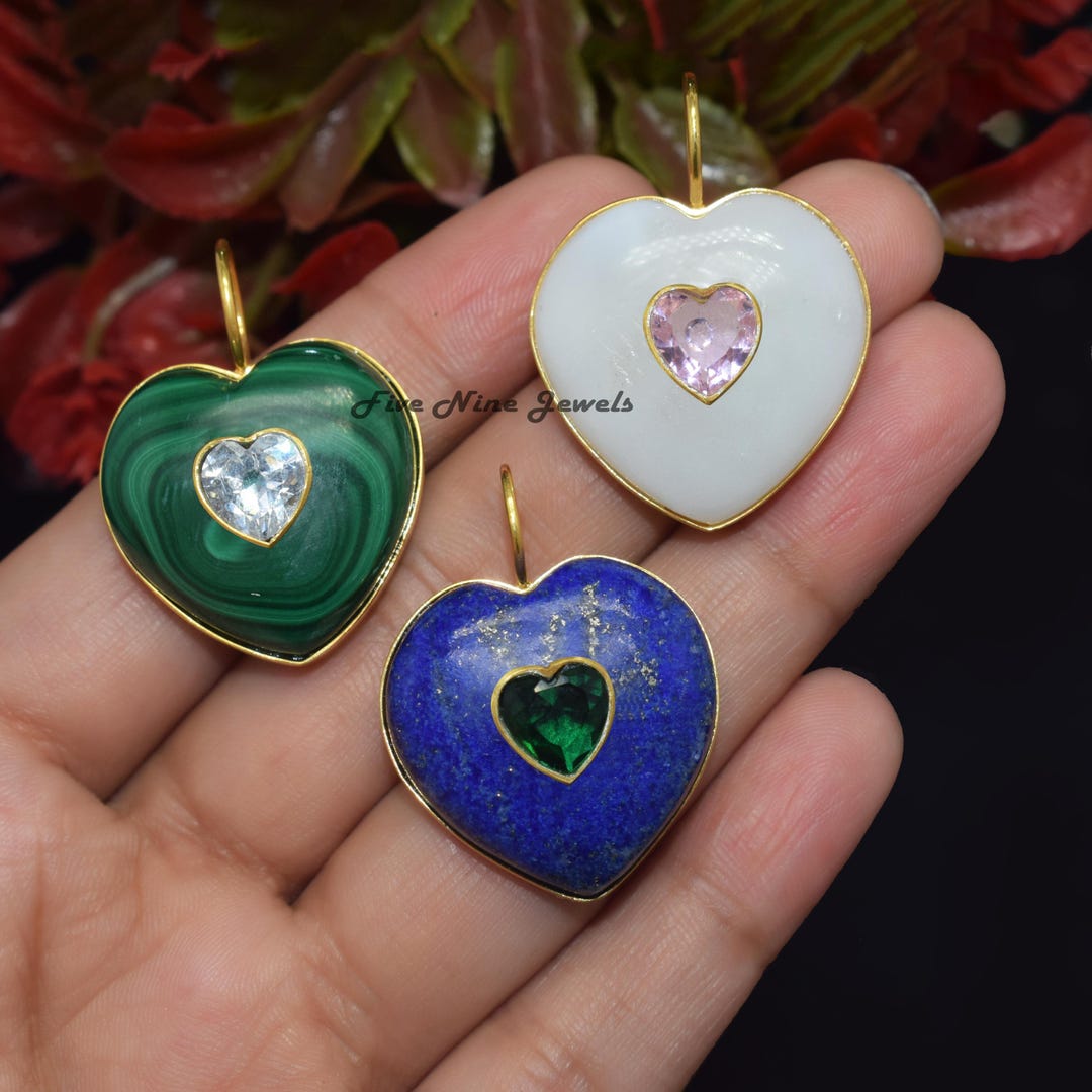 Silver Gemstone Designer Heart, Gemstone Double Heart Pendant, Multi ...