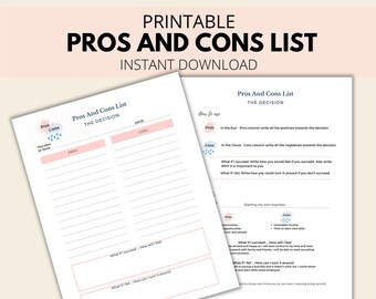 Pros and Cons List Printable, Decision Making Tool, Life Organizer ...
