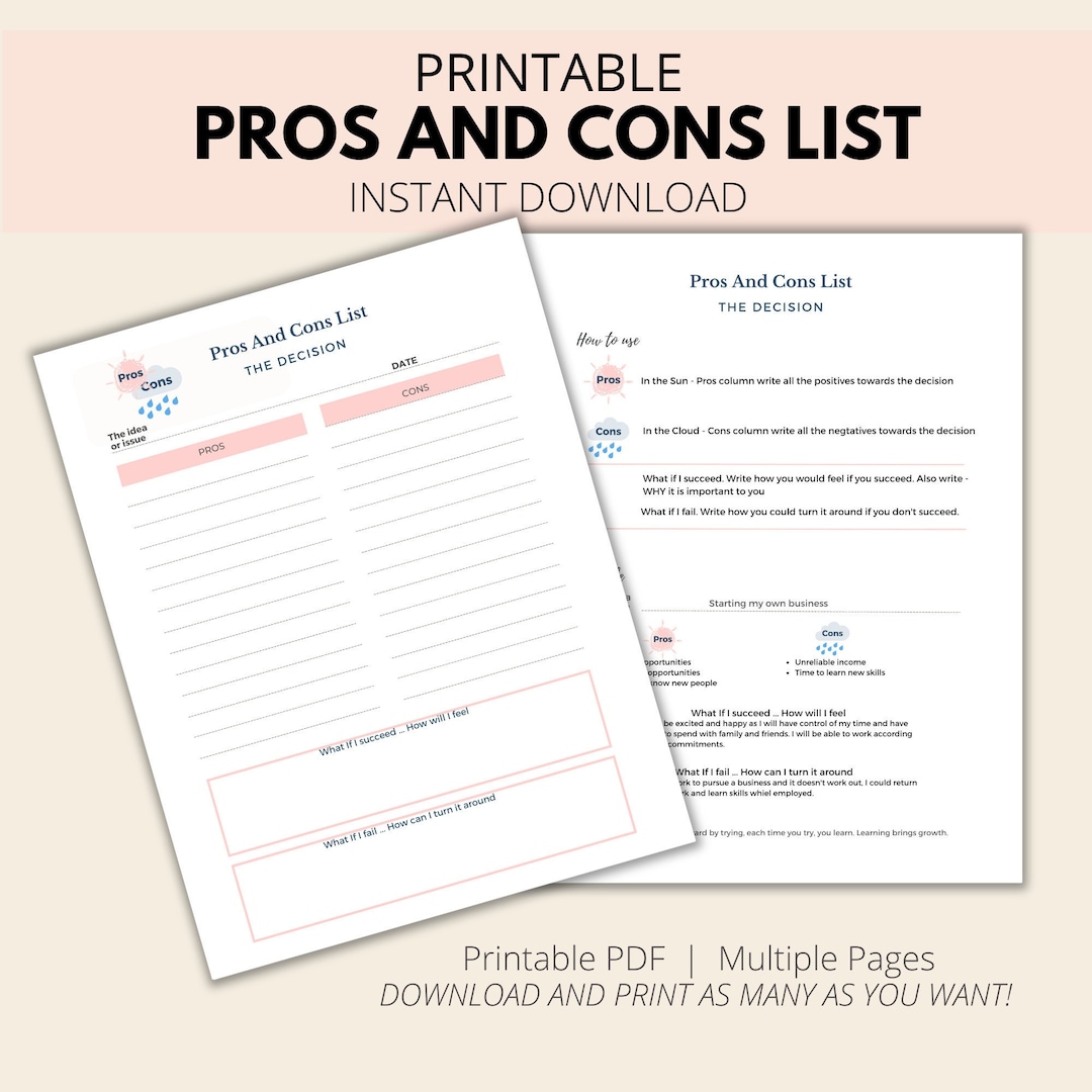 Pros and Cons List Template, Printable PDF, Instant Download, Life ...