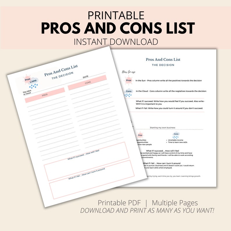 Pros and Cons List Template, Printable PDF, Instant Download, Life ...