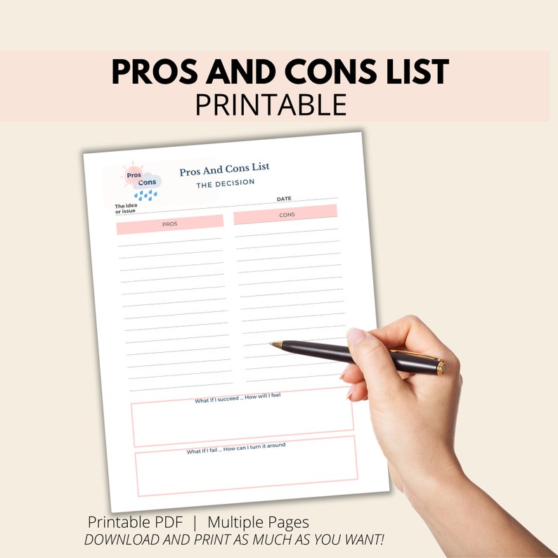Pros and Cons List Template, Printable PDF, Instant Download, Life ...