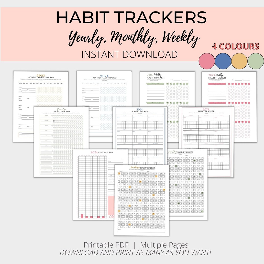 2024 Habit Tracker Bundle, Yearly Habit Tracker, Monthly Habit Trackers ...
