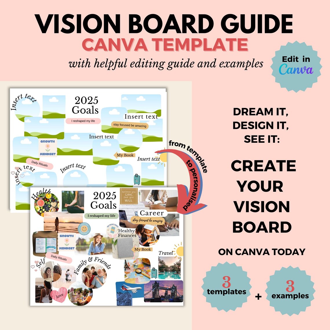 Vision Board Template Fully Editable in Canva - Etsy UK