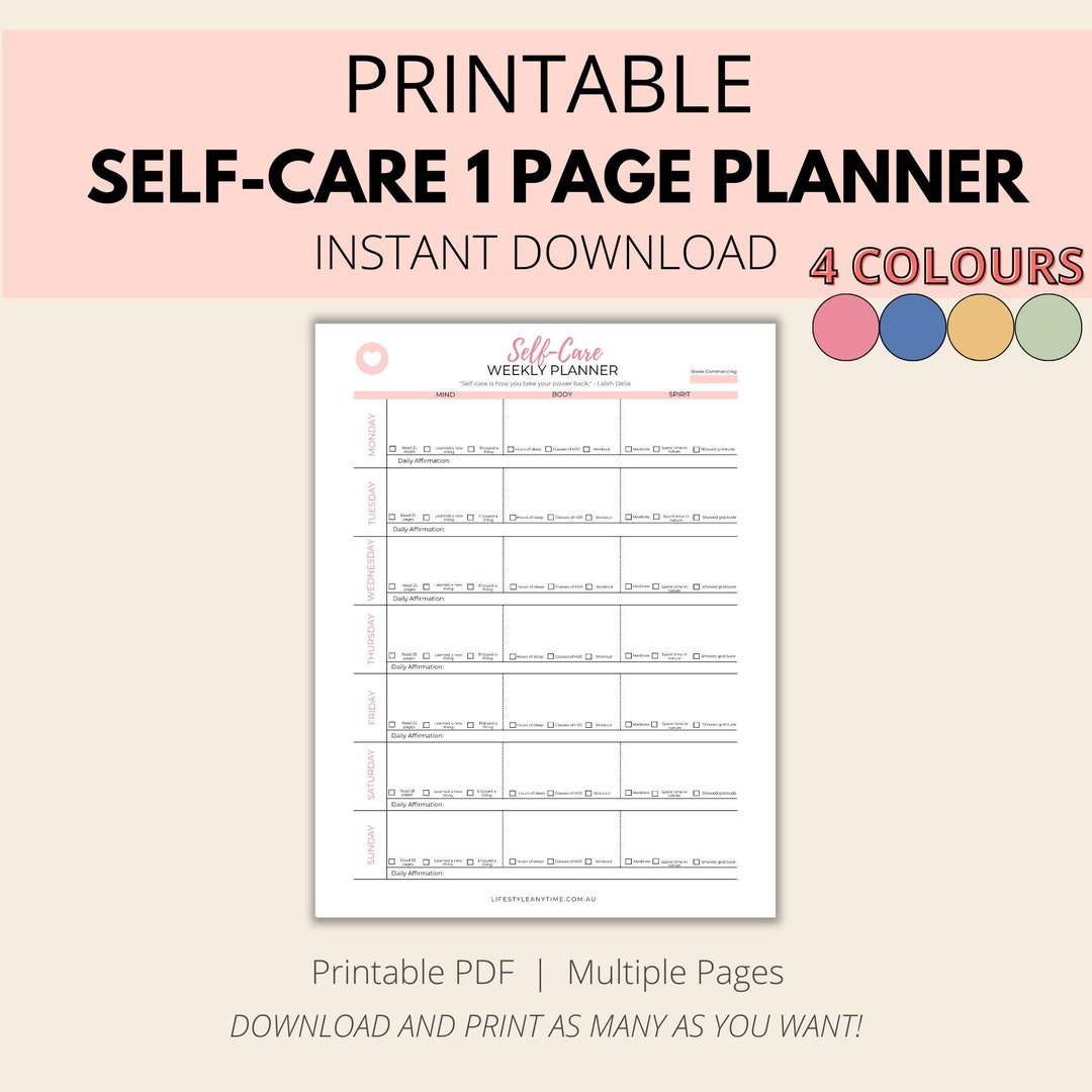 Self Care Planner, Self Care Printable, Self Care 1 Page Planner ...