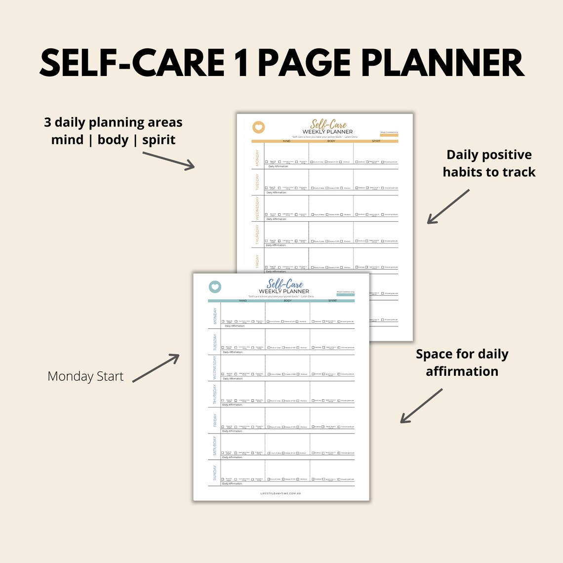 Self Care Planner, Self Care Printable, Self Care 1 Page Planner ...