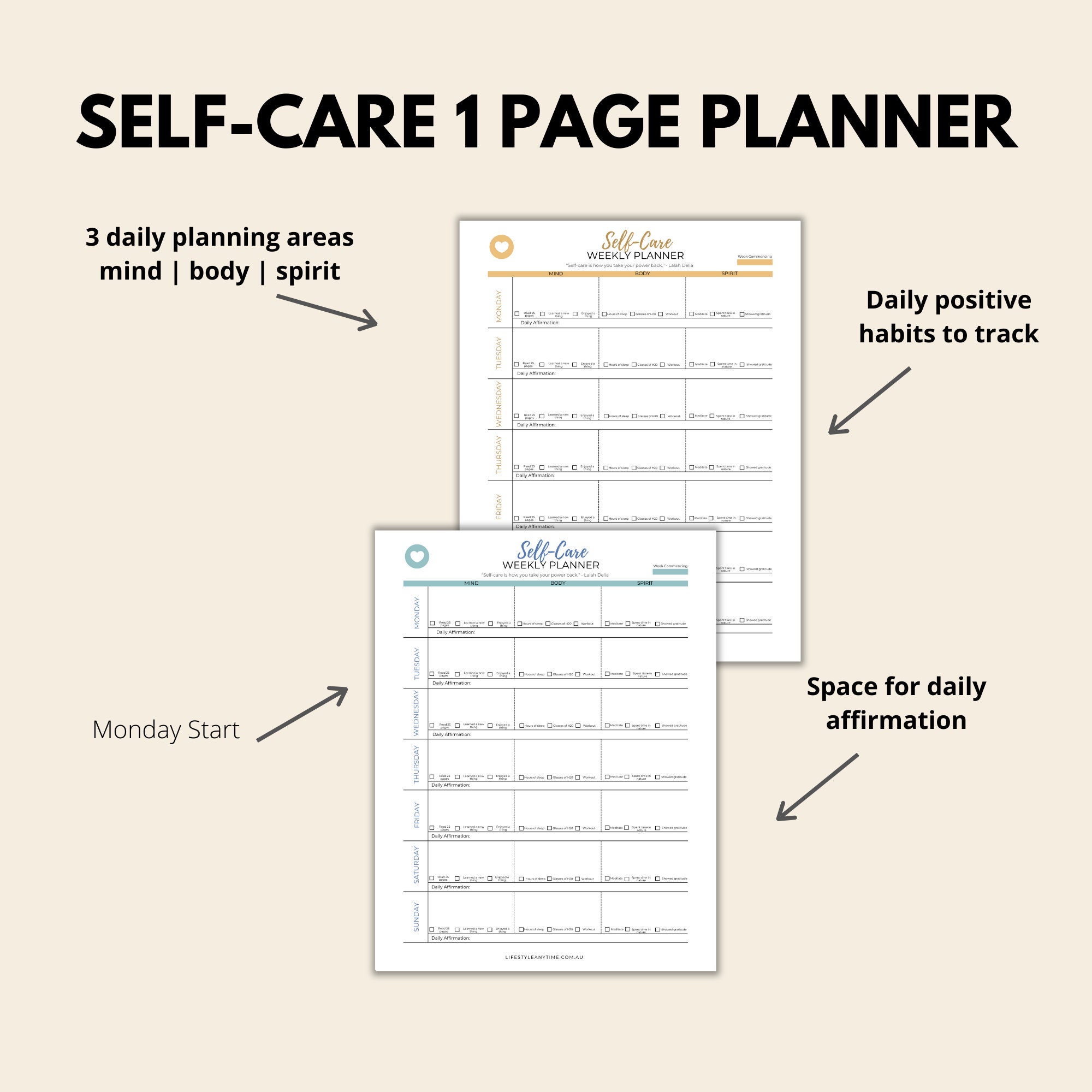 Self Care Planner, Self Care Printable, Self Care 1 Page Planner ...